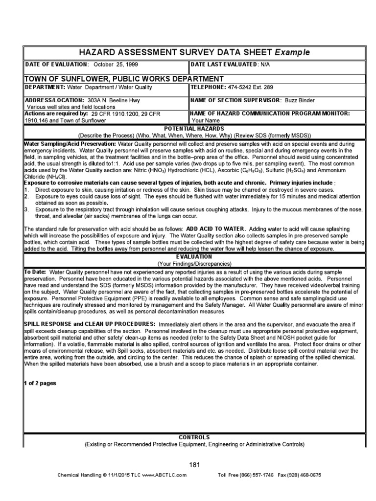 Hazard Assessment Survey Data Sheet Example: Town of Sunflower, Public ...