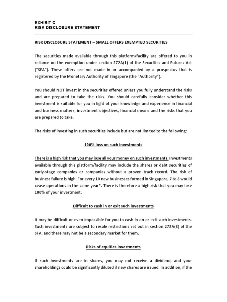 Risk Disclosure Statement For Small Offers Exemption | PDF | Securities ...