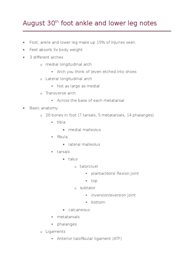 Foot Ankle and Lower Leg Notes | PDF | Foot | Ankle
