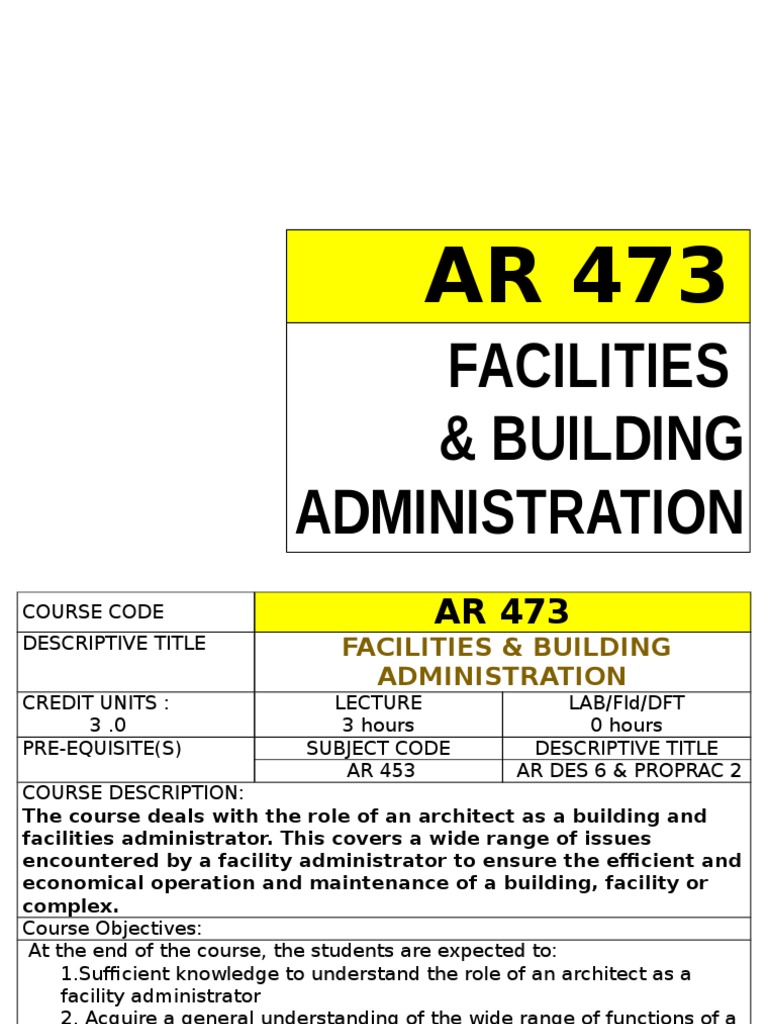 Building Facilities and Administration | PDF | Architect | Lighting