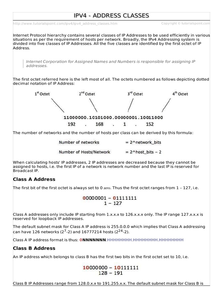 Ipv4 Address Classes | PDF | Ip Address | Internet Protocols