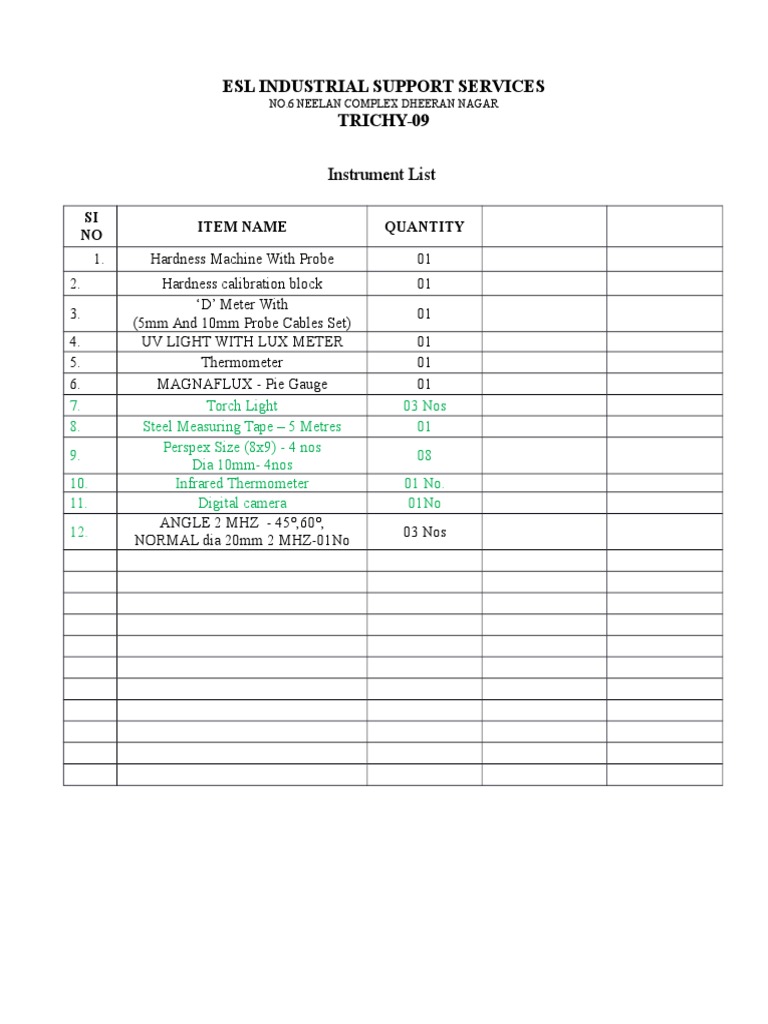 Esl Industrial Support Services TRICHY-09: Instrument List | PDF ...