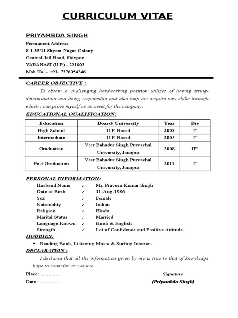 Curriculum Vitae: Priyambda Singh | PDF