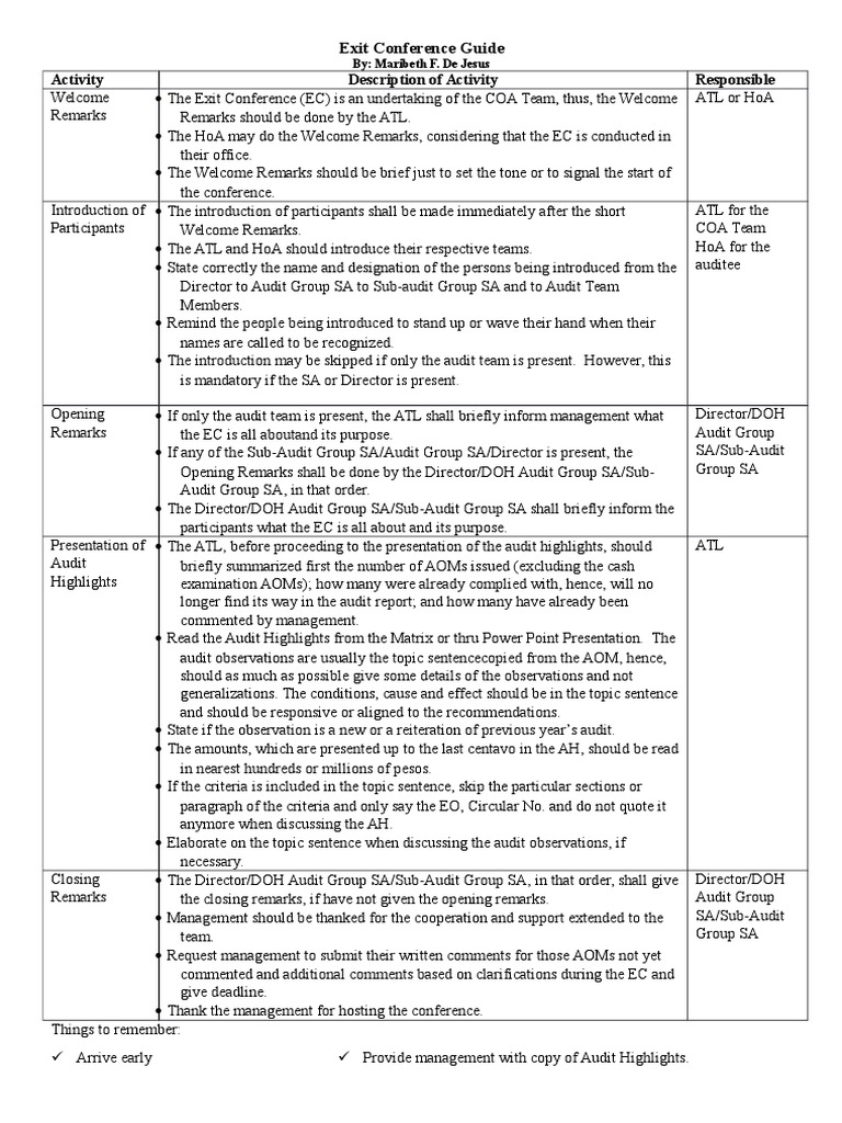 J - Exit Conference Guide | Auditor's Report | Government
