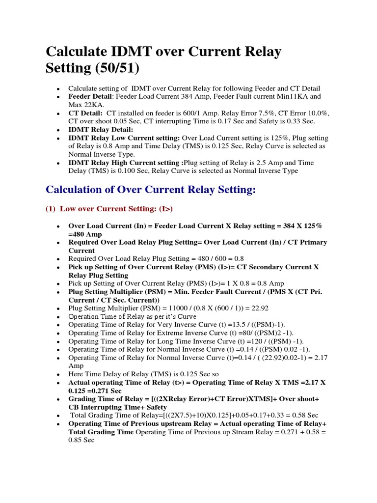 Calculate IDMT Over Current Relay Setting | PDF | Relay | Machines