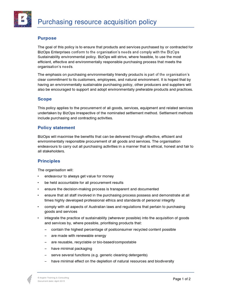 Purchasing Resource Acquisition Policy | PDF | Procurement | Sustainability