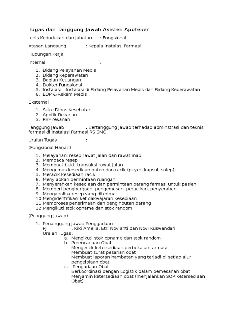 Tugas Dan Tanggung Jawab Asisten Apoteker Pdf