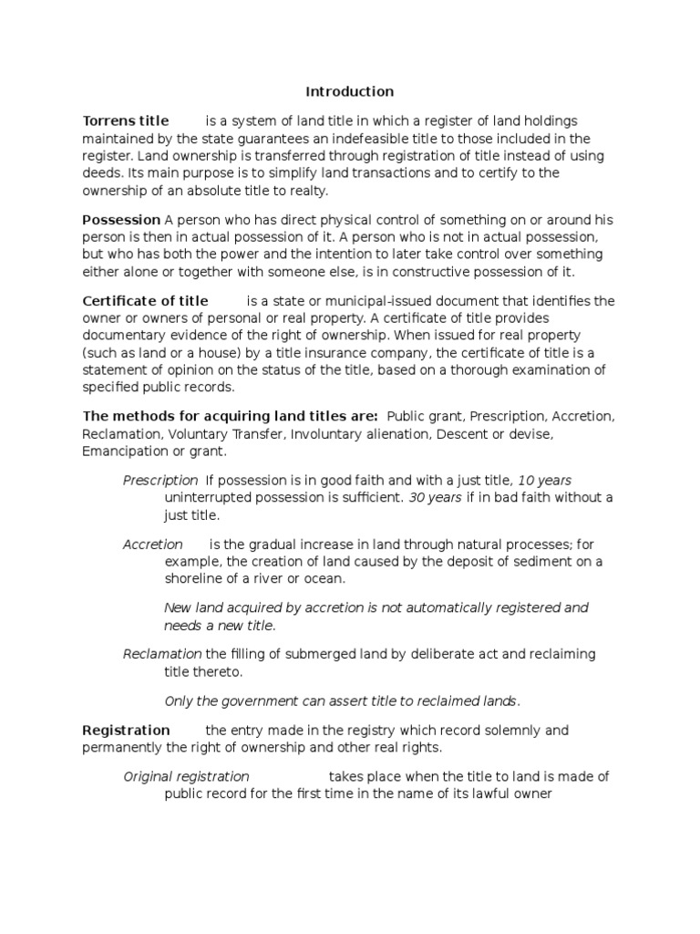 Land Titles and Deeds Summary Part 1 | PDF | Title (Property) | Civil ...