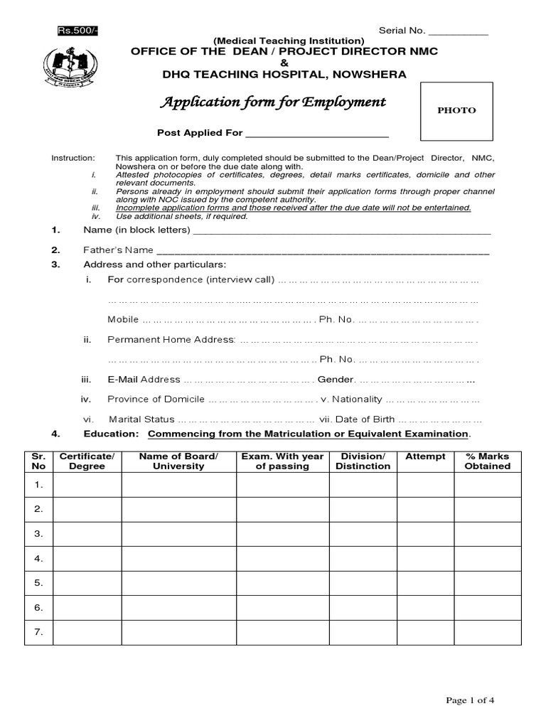 Job Application Form of NMC Nowshera | Qualifications | Academia