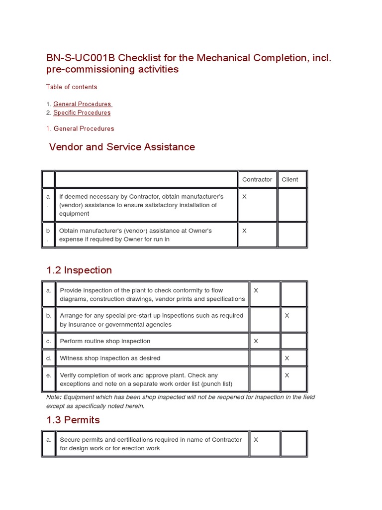 Checklist for Mechanical Completion and Pre-Commissioning | PDF | Hvac ...