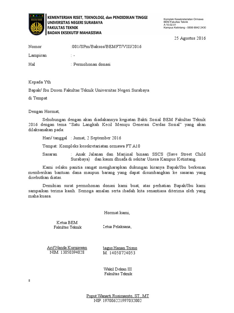 Surat Permohonan Donasi Baksos BEM FT 2016 Revisi | PDF