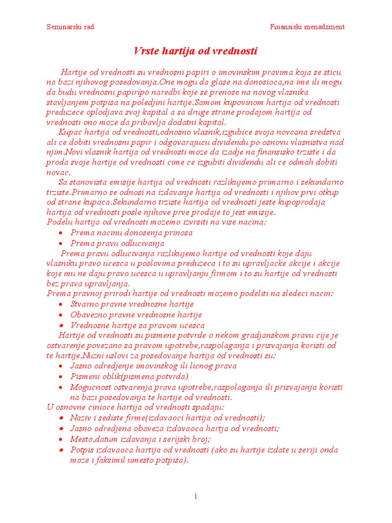 Vrste Hartija Od Vrednosti | PDF