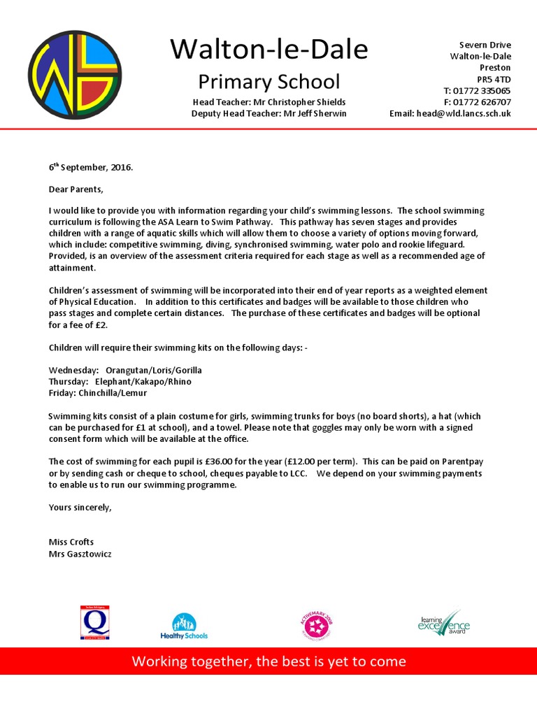 Swimming Curriculum Letter | PDF | Behavior Modification | Learning