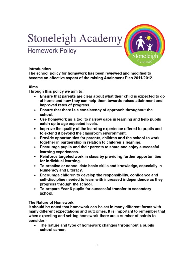 Stoneleigh Academy: Homework Policy | PDF | Homework | Literacy