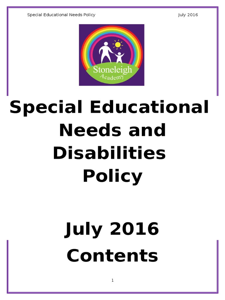 SEN Policy - July 2016 | PDF | Special Education | Learning Disability