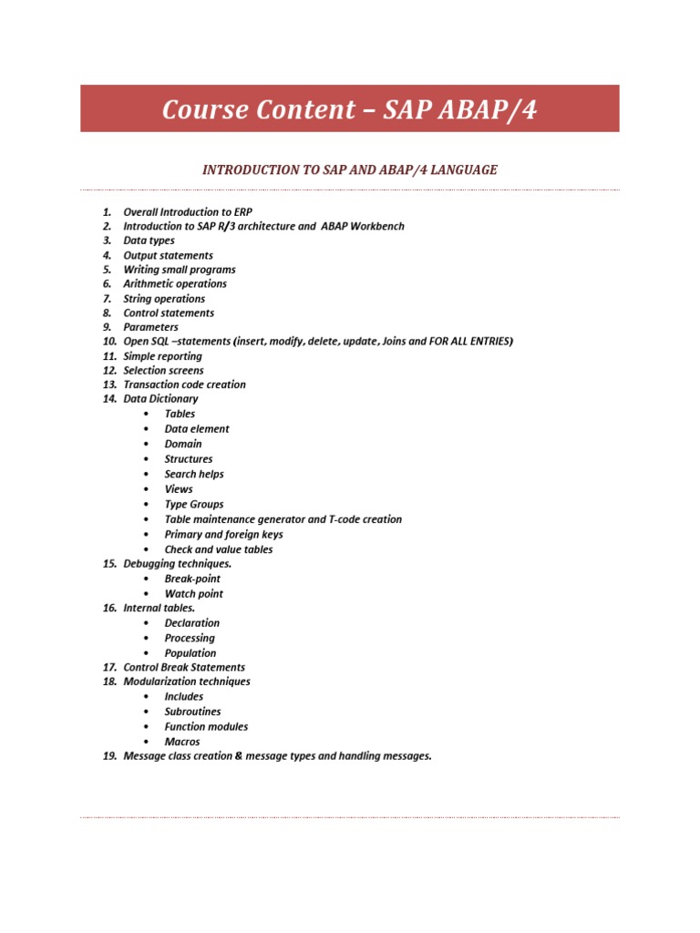 Course Content ABAP | PDF | Areas Of Computer Science | Software Engineering