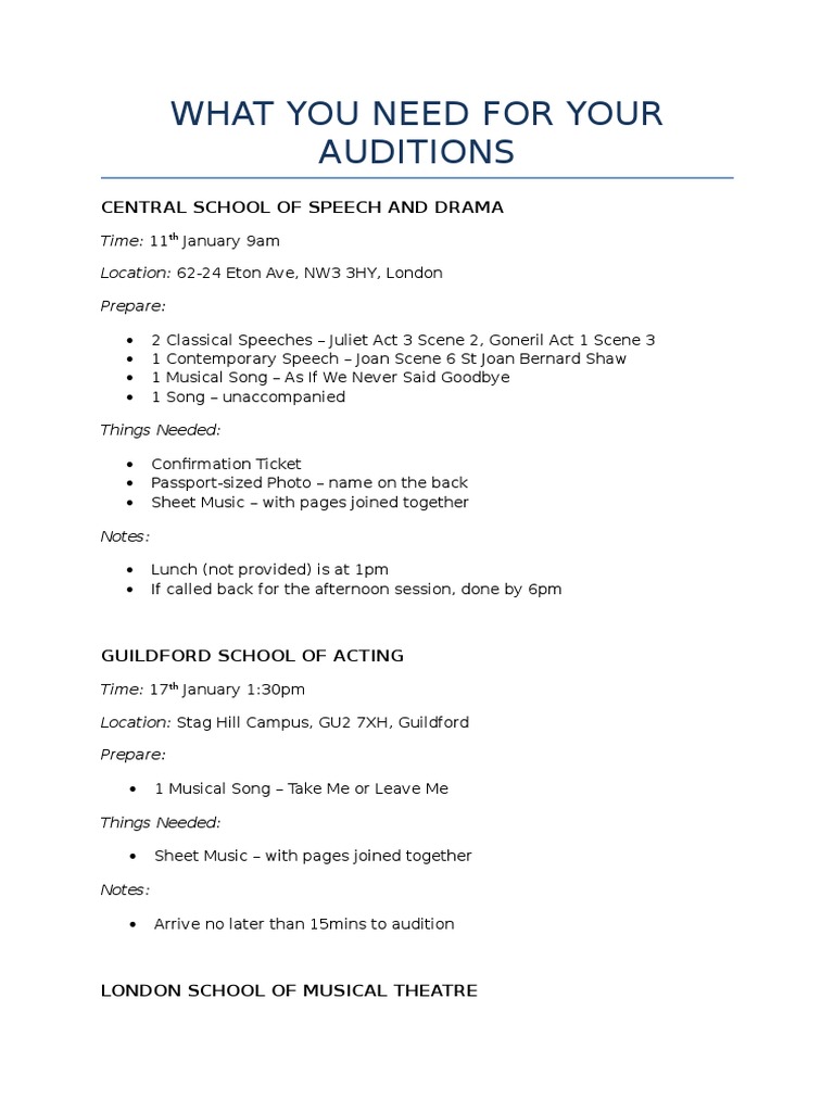 What You Need For Your Auditions | PDF