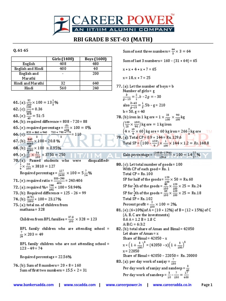 Rbi Grade B Set-03 (Math) : WWW - Careerpower.in WWW - Careeradda.co ...