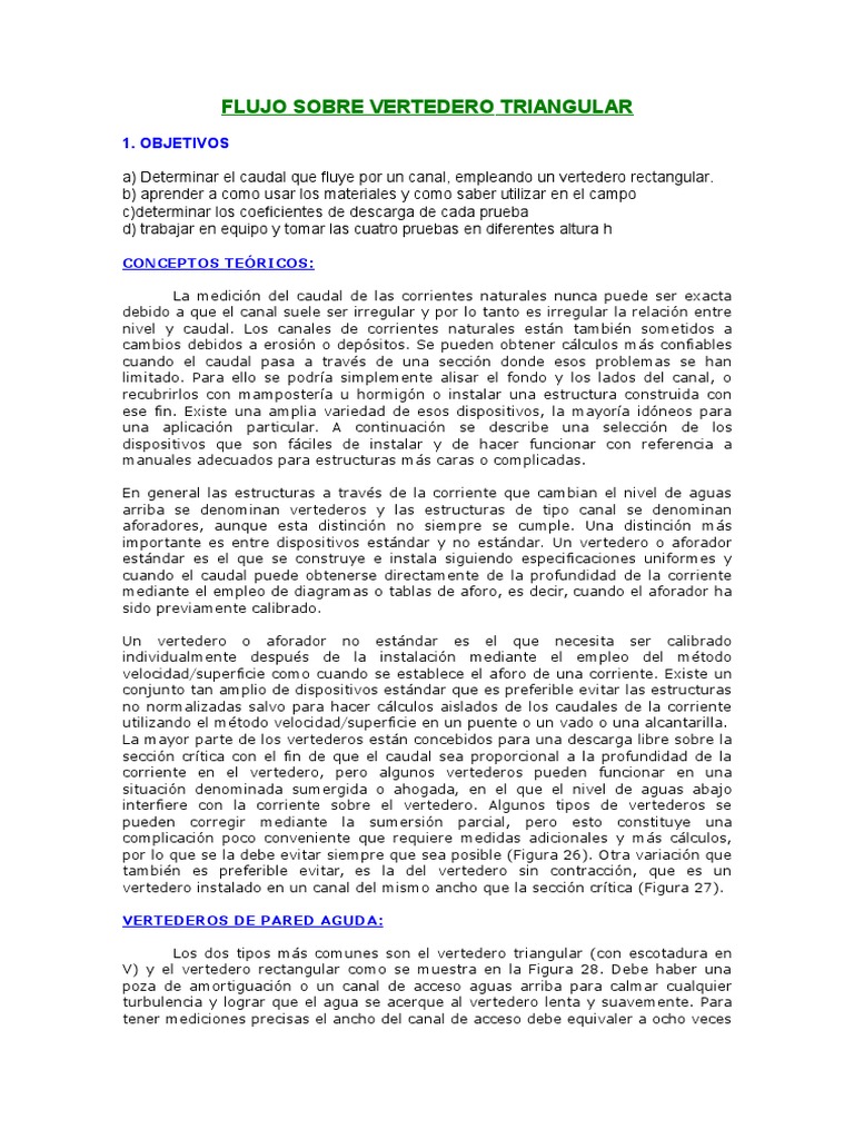 Lab 1 Hidraulica Vertedero Triangular | PDF | Descarga (hidrología) | Triángulo