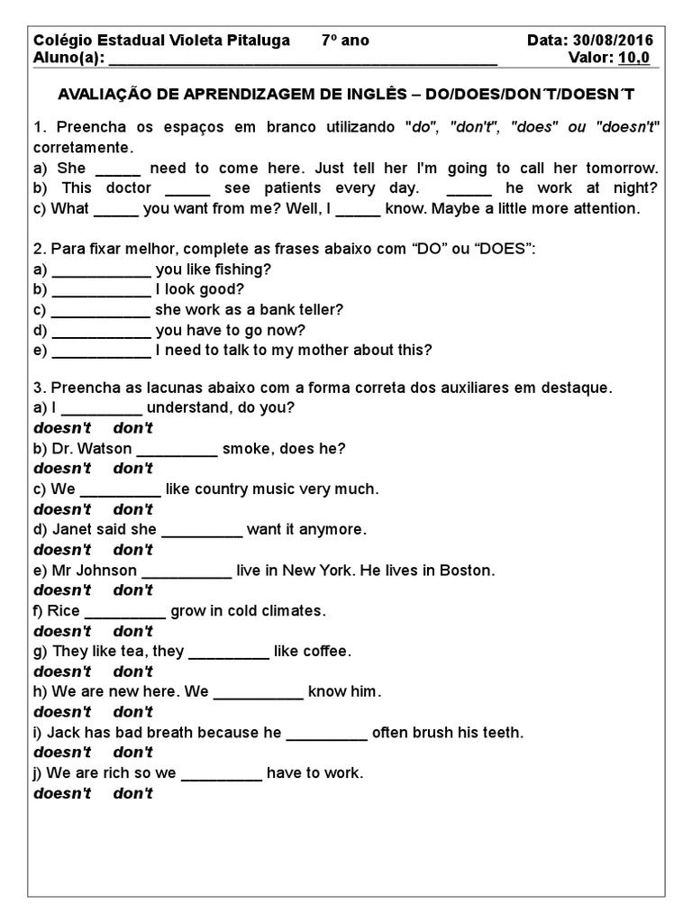 Prova de Inglês 7 Ano | PDF