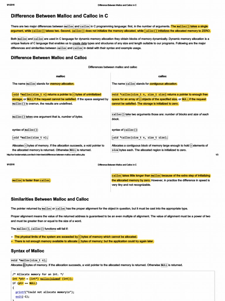 Difference Between Malloc and Calloc in C | PDF | C (Programming Language) | Pointer (Computer ...