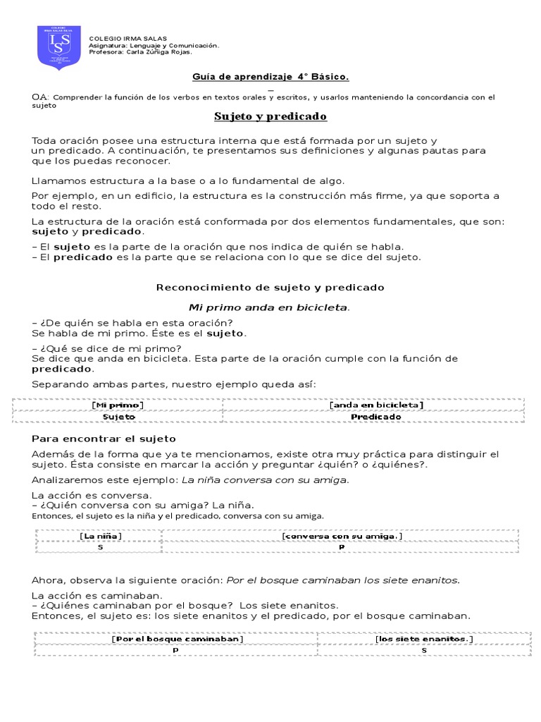 Guía de Sujeto y Predicado para 4° Básico | PDF | Asunto (gramática ...