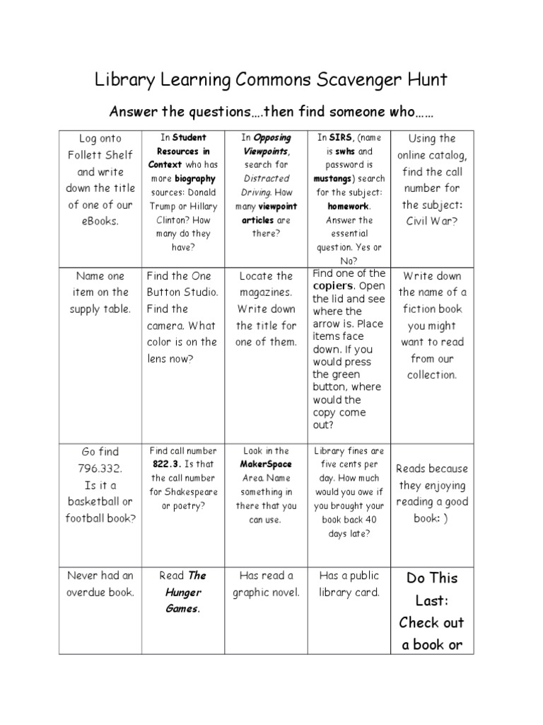 2017 Library Learning Commons Scavenger Hun1 | PDF