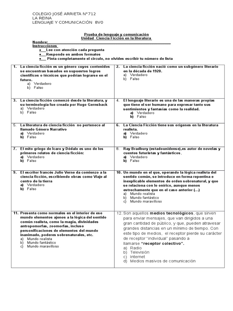 Prueba de Lenguaje y Unidad 4 | PDF | Ciencia ficción | Narración