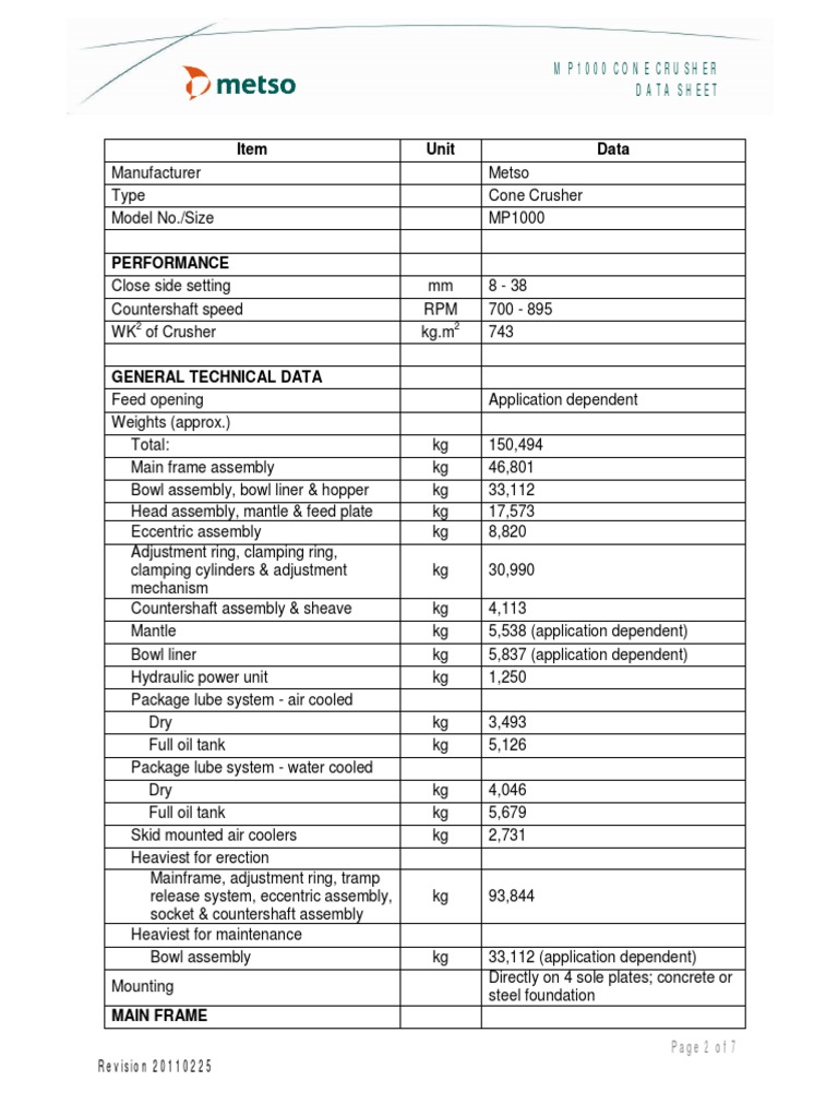 DATA SHEET MP1000 Crusher | PDF | Steel | Gear
