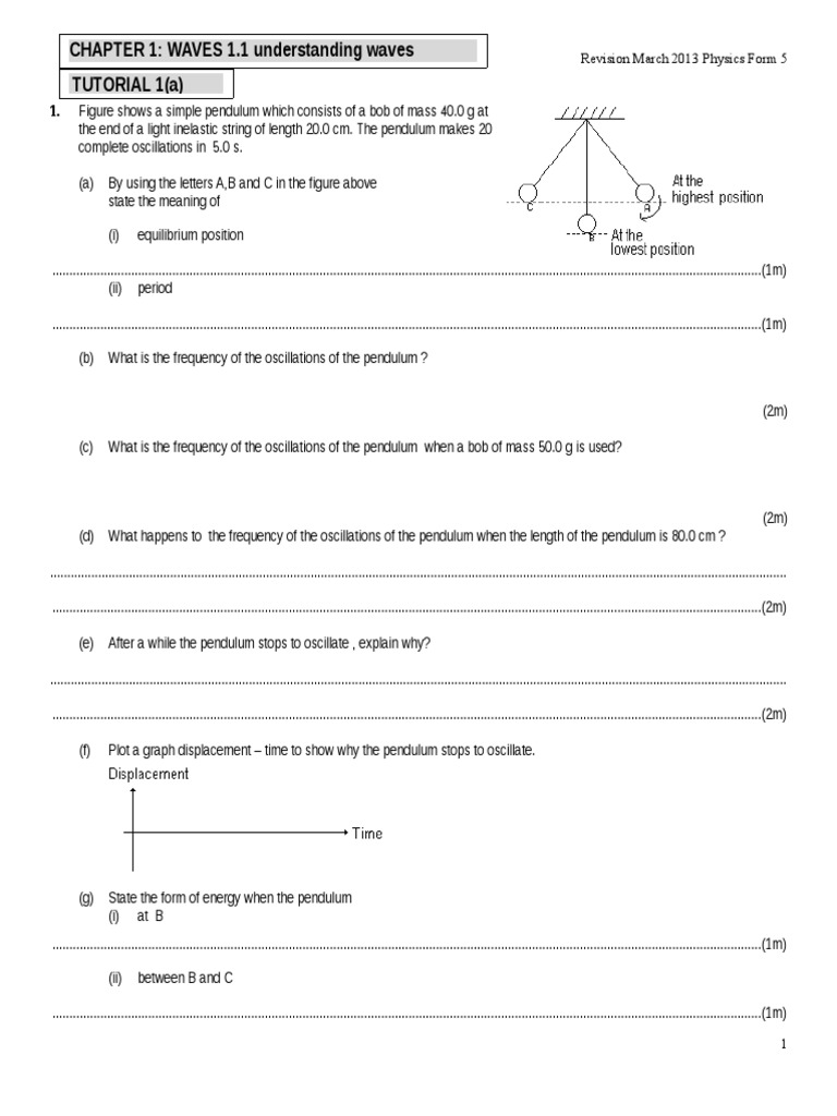 Tutorial 1 (A) CHAPTER 1: WAVES 1.1 Understanding Waves: Revision March 2013 Physics Form 5 | PDF
