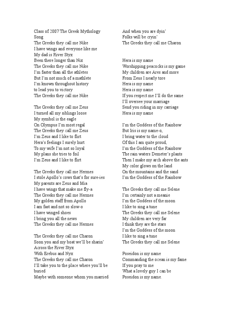 Mythology Song Lyrics | Download Free PDF | Hera | Eros