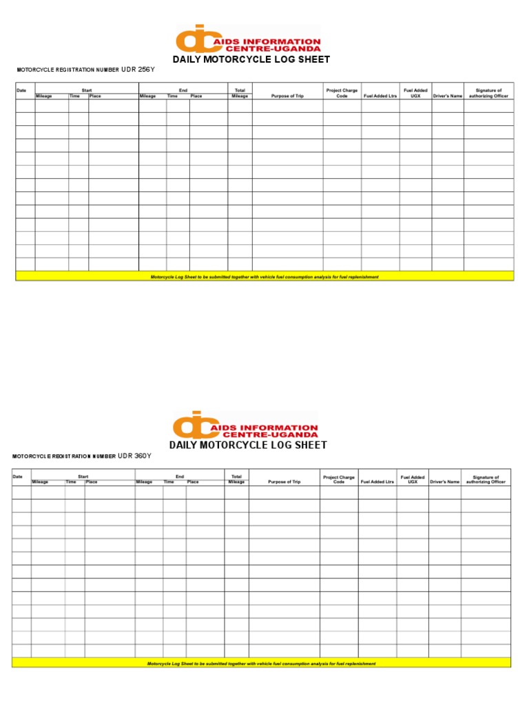 Daily Motorcycle Log Sheet: UDR 256Y | PDF | Business | Finance & Money ...