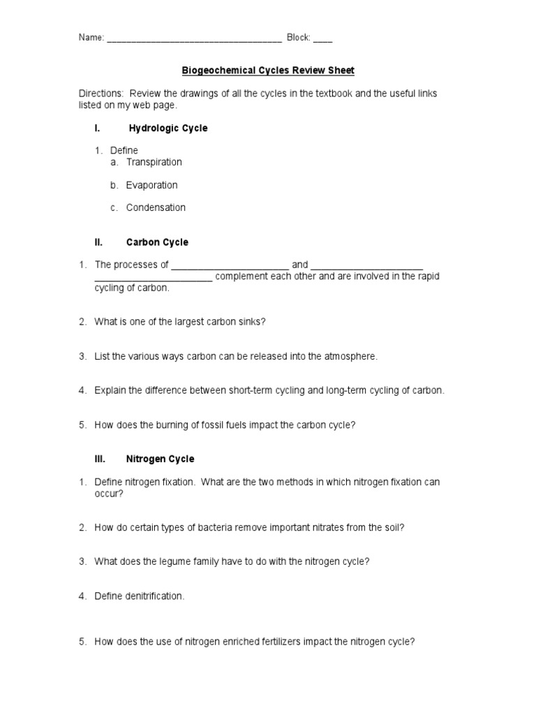 Biogeochemical Worksheet | PDF | Nitrogen | Soil