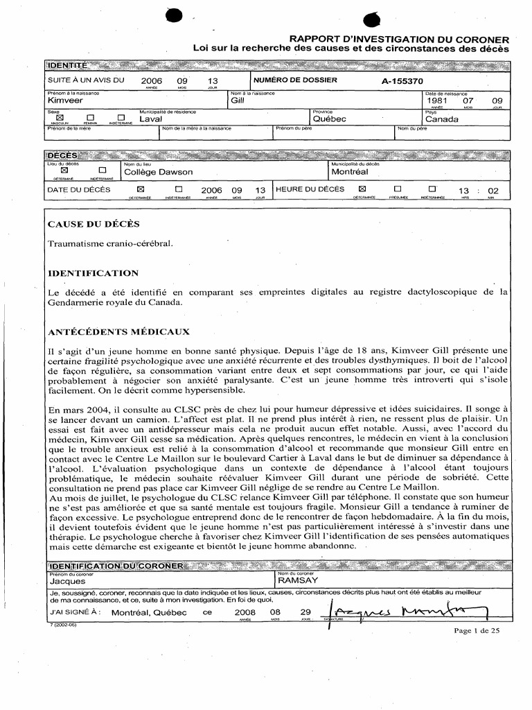 Coroner's Report: Kimveer Gill | PDF