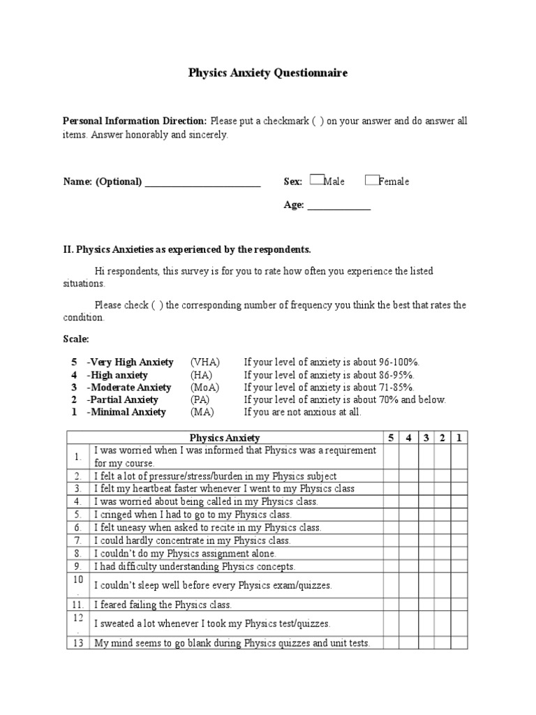 Physics Anxiety Questionnaire | PDF | Coping (Psychology) | Anxiety
