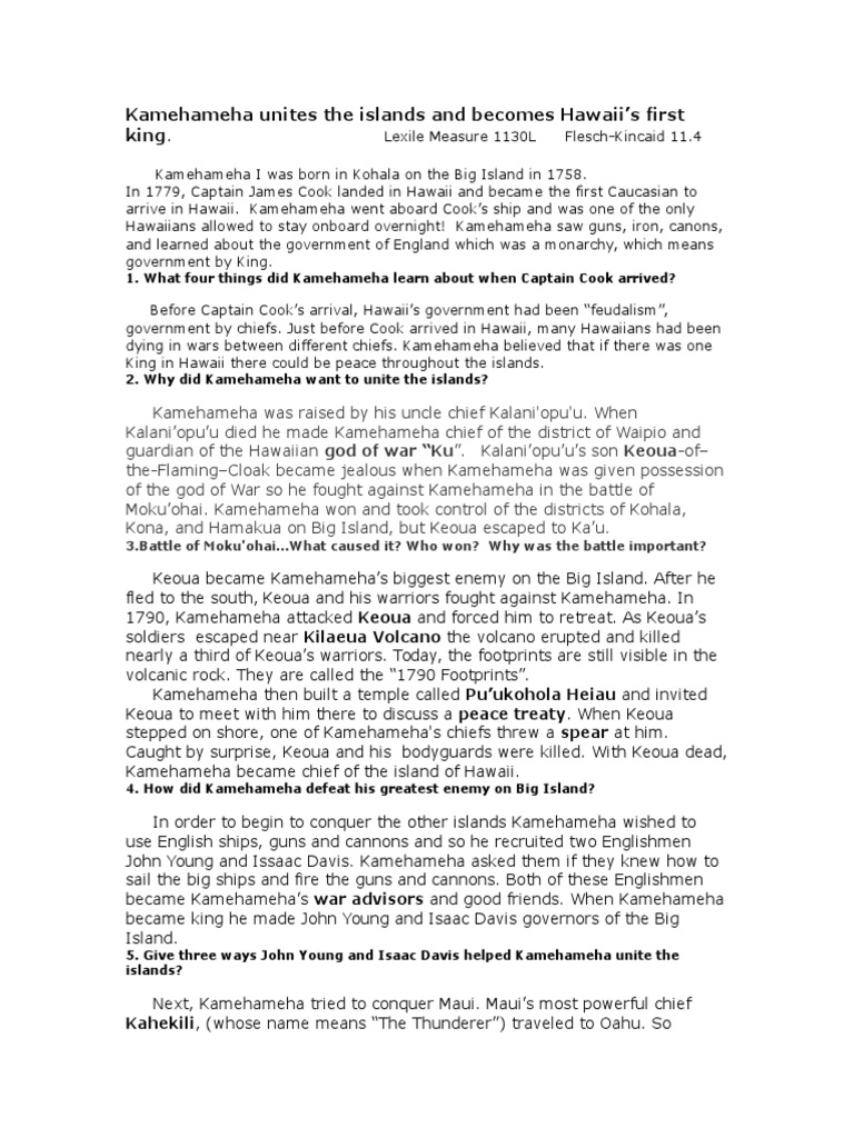 Kamehameha Unites The Islands and Becomes Hawaii | PDF | Kingdom Of ...