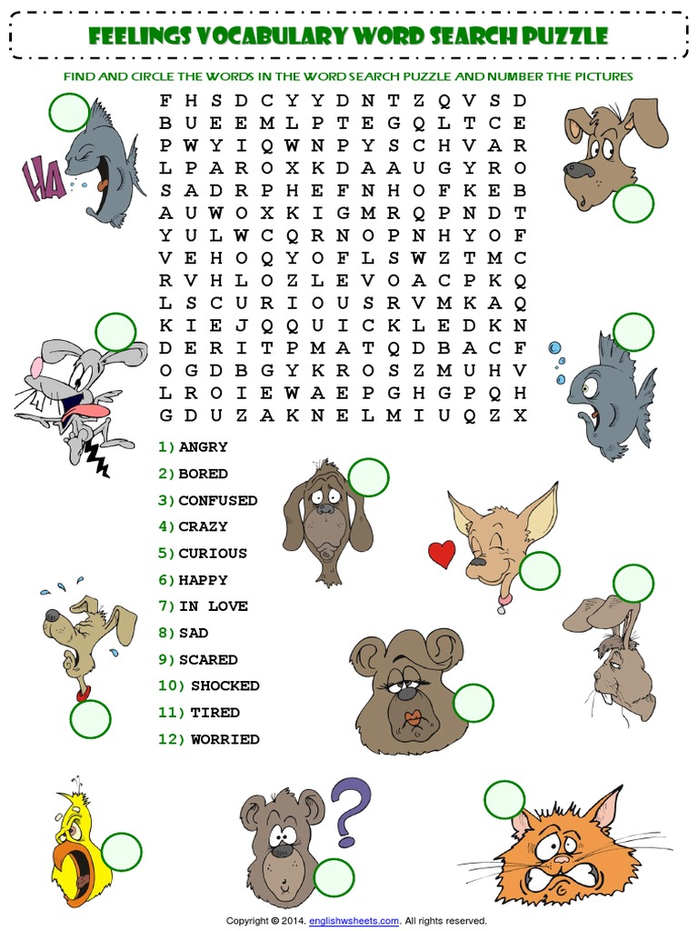 Feelings Emotions Esl Vocabulary Word Search Puzzle Worksheet PDF | PDF