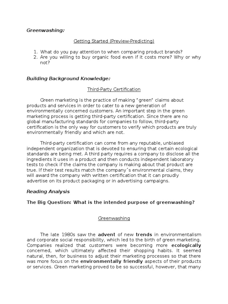 Green Washing Reading Plan | PDF | Environmentalism | Marketing