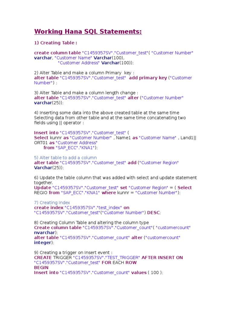Working Hana SQL Statements | PDF