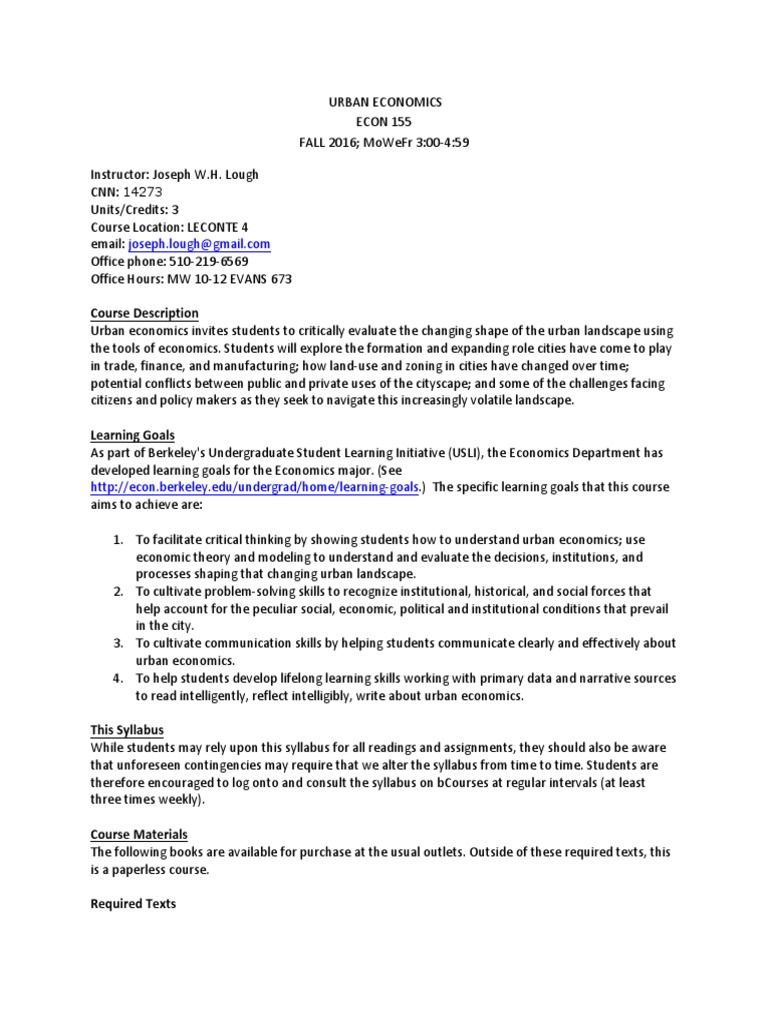 ECON 155: Urban Economics Syllabus | PDF | Plagiarism | Public Good