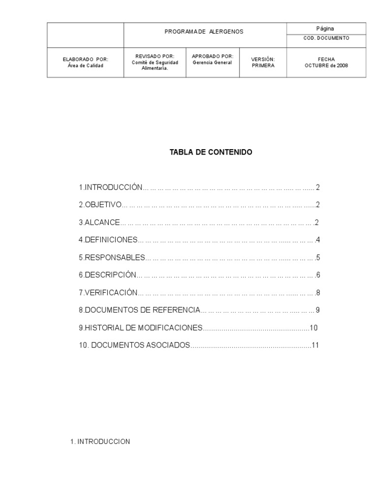 Programa De Alergenos Pdf Alergia Análisis De Riesgo Y Puntos