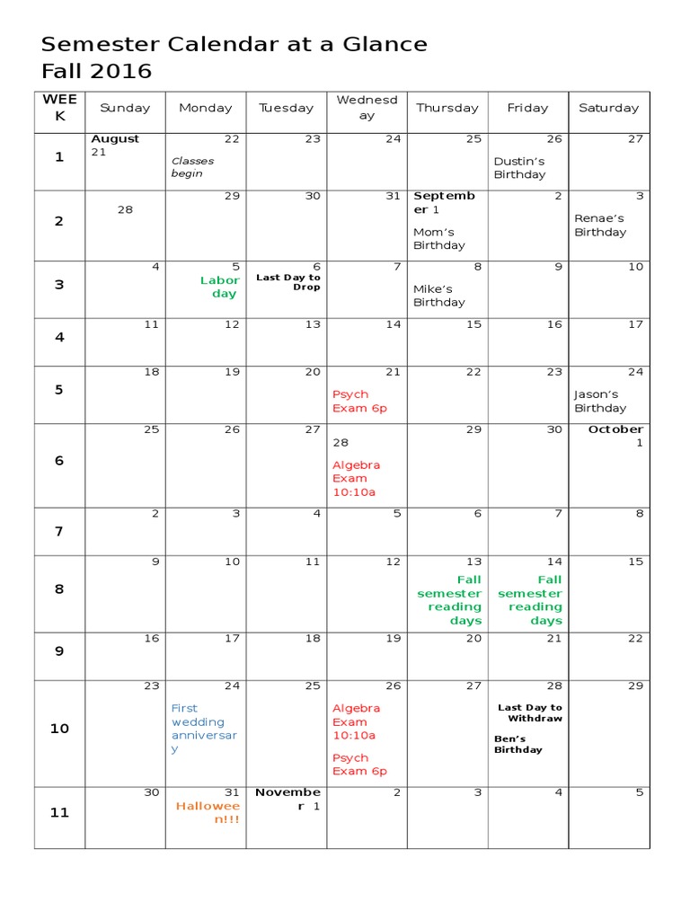 Fall 2016 Semester Calendar Overview | PDF | Sports & Recreation | Home ...