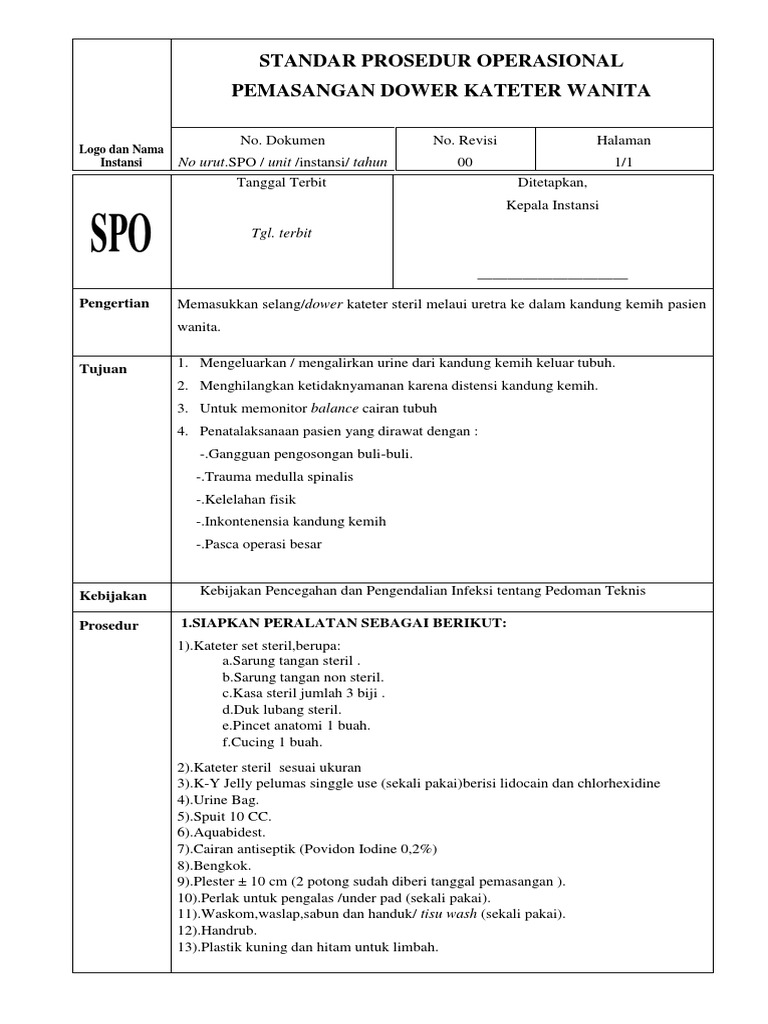 Spo Pemasangan Kateter Wanita PDF | PDF