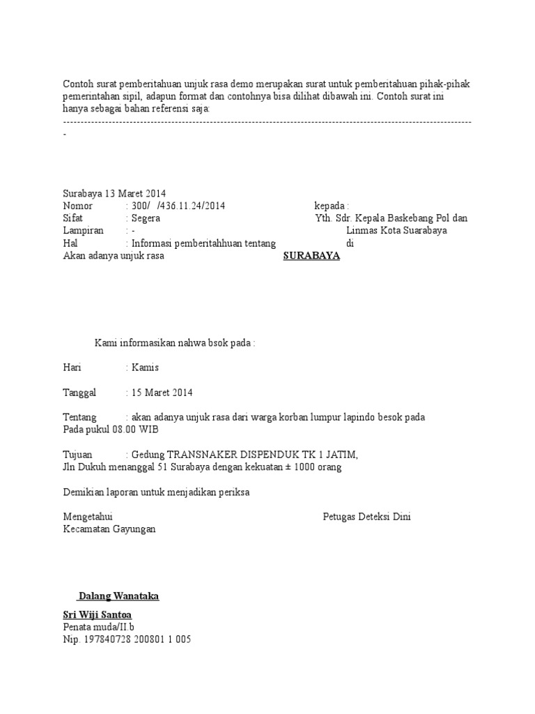 Contoh Surat Pemberitahuan Unjuk Rasa Demo Merupakan Surat Untuk Pemberitahuan Pihak | PDF