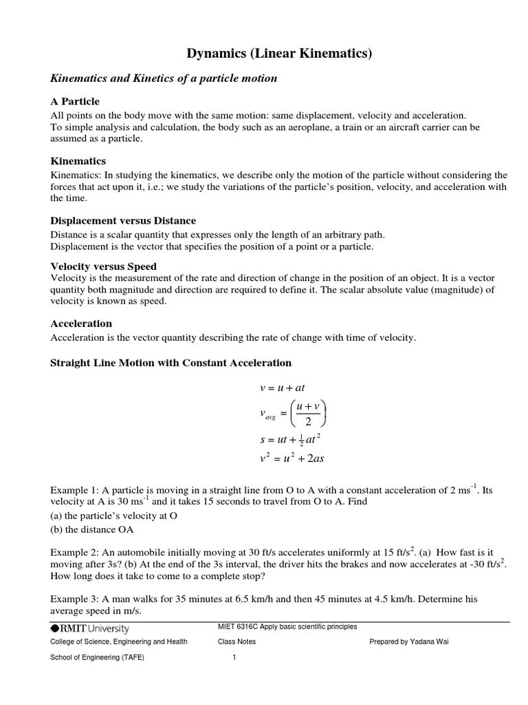 Dynamics (Linear Kinematic) | PDF | Kinematics | Velocity