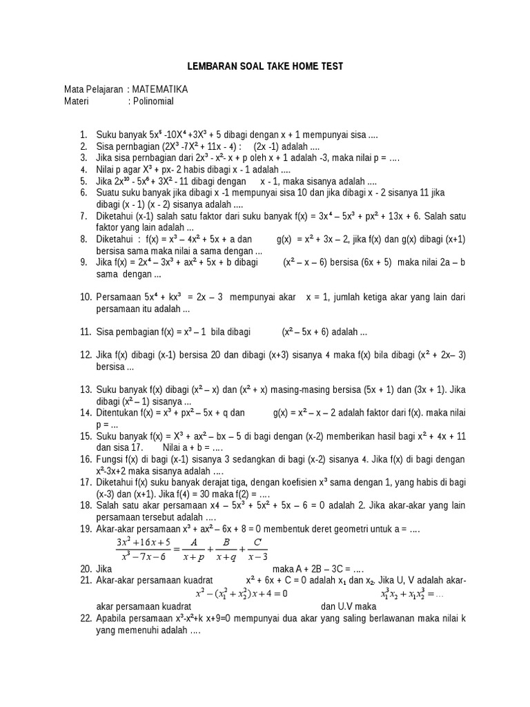 Lembaran Soal Take Home Test Polinom | PDF