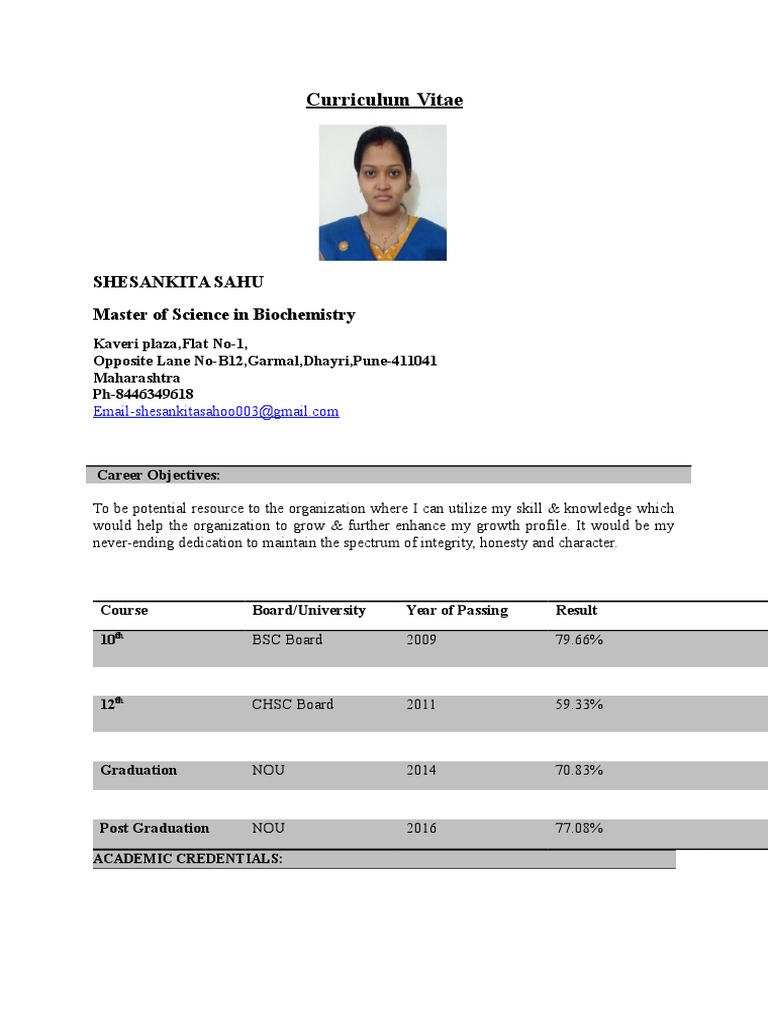 Curriculum Vitae: Shesankita Sahu Master of Science in Biochemistry ...