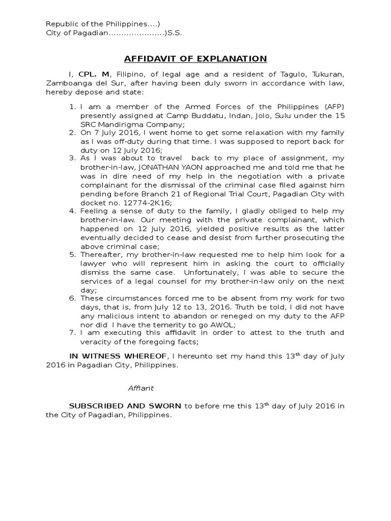 Affidavit of Explanation