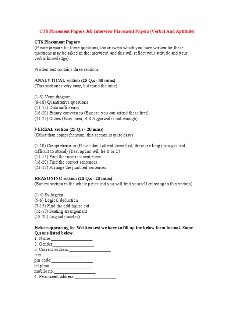 CTS Placement Papers Job Interview Placement Papers (Verbal and ...