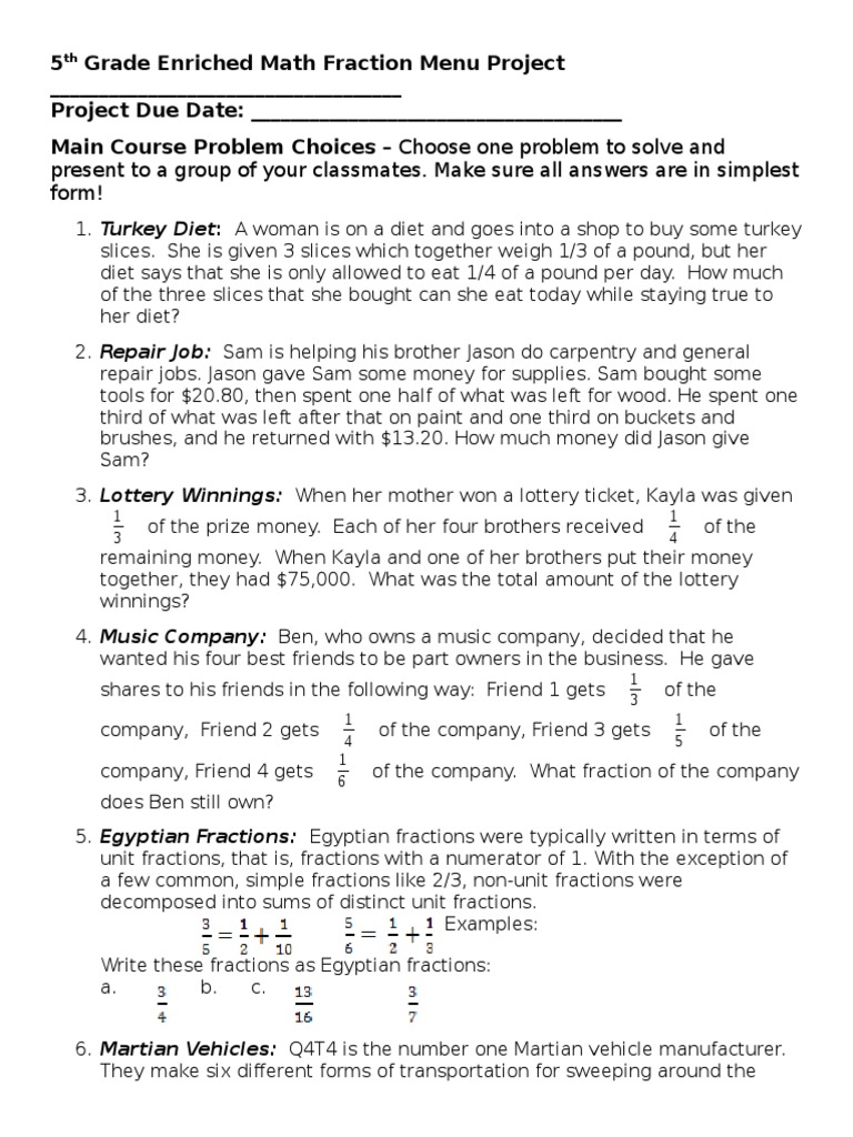5 TH Fractions Menu Problem Project | PDF | Fraction (Mathematics ...